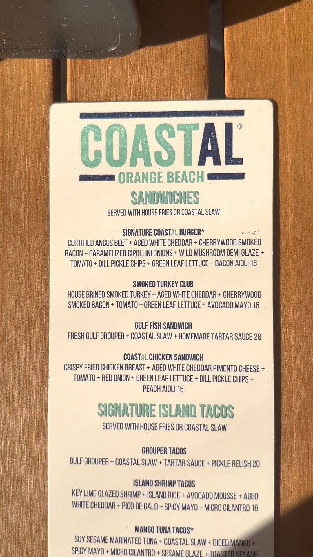 Menu at Coastal Orange Beach pub & bar, Orange Beach