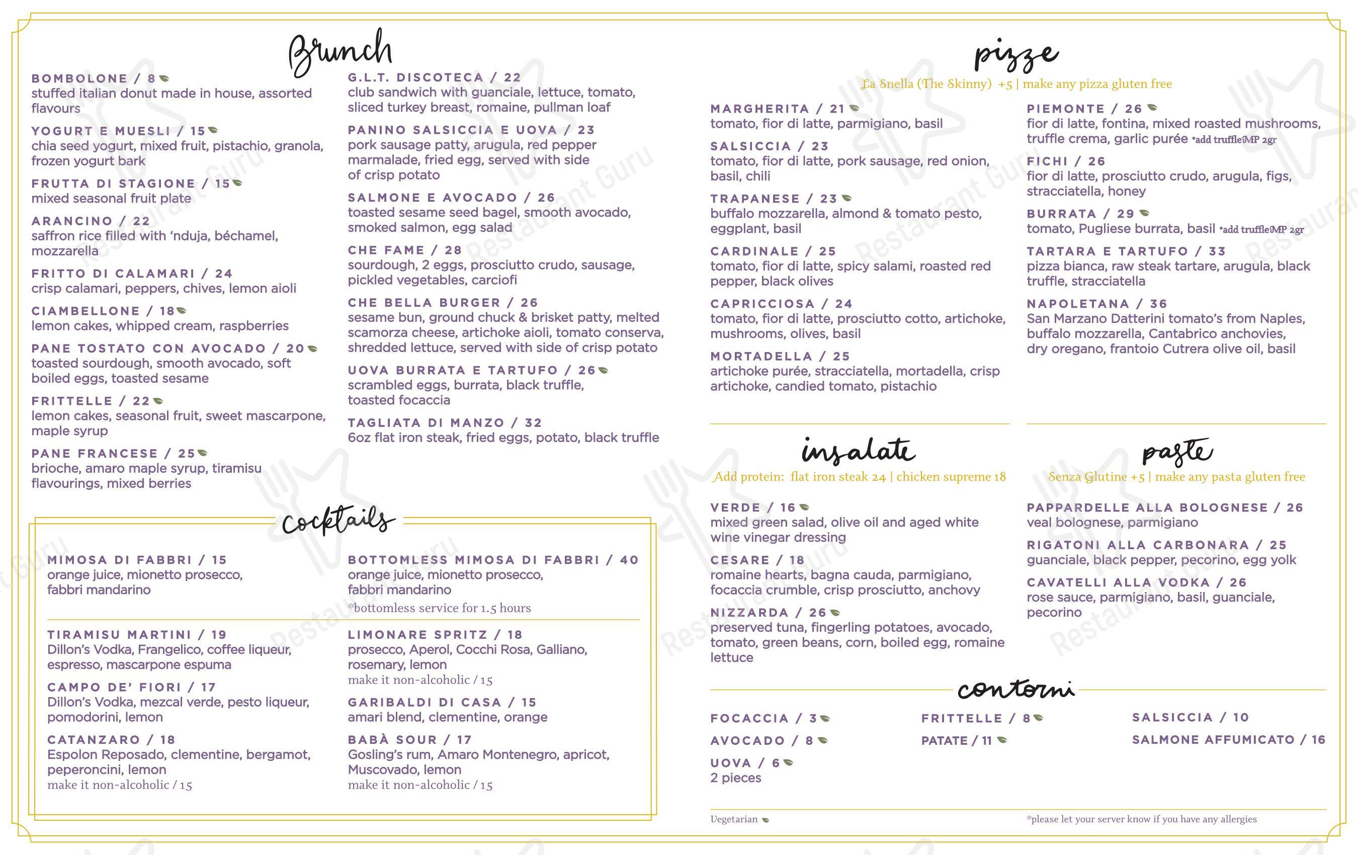 Menu at Oretta Midtown pub & bar, Toronto