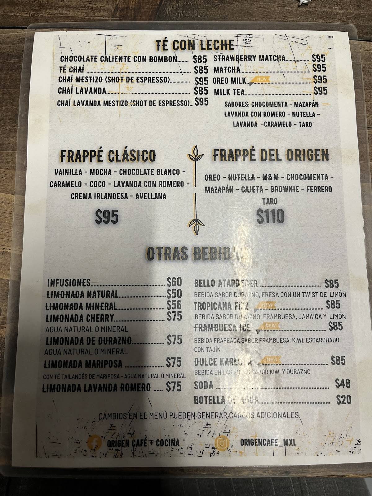 Menu at Origen Café + Cocina, Mexicali