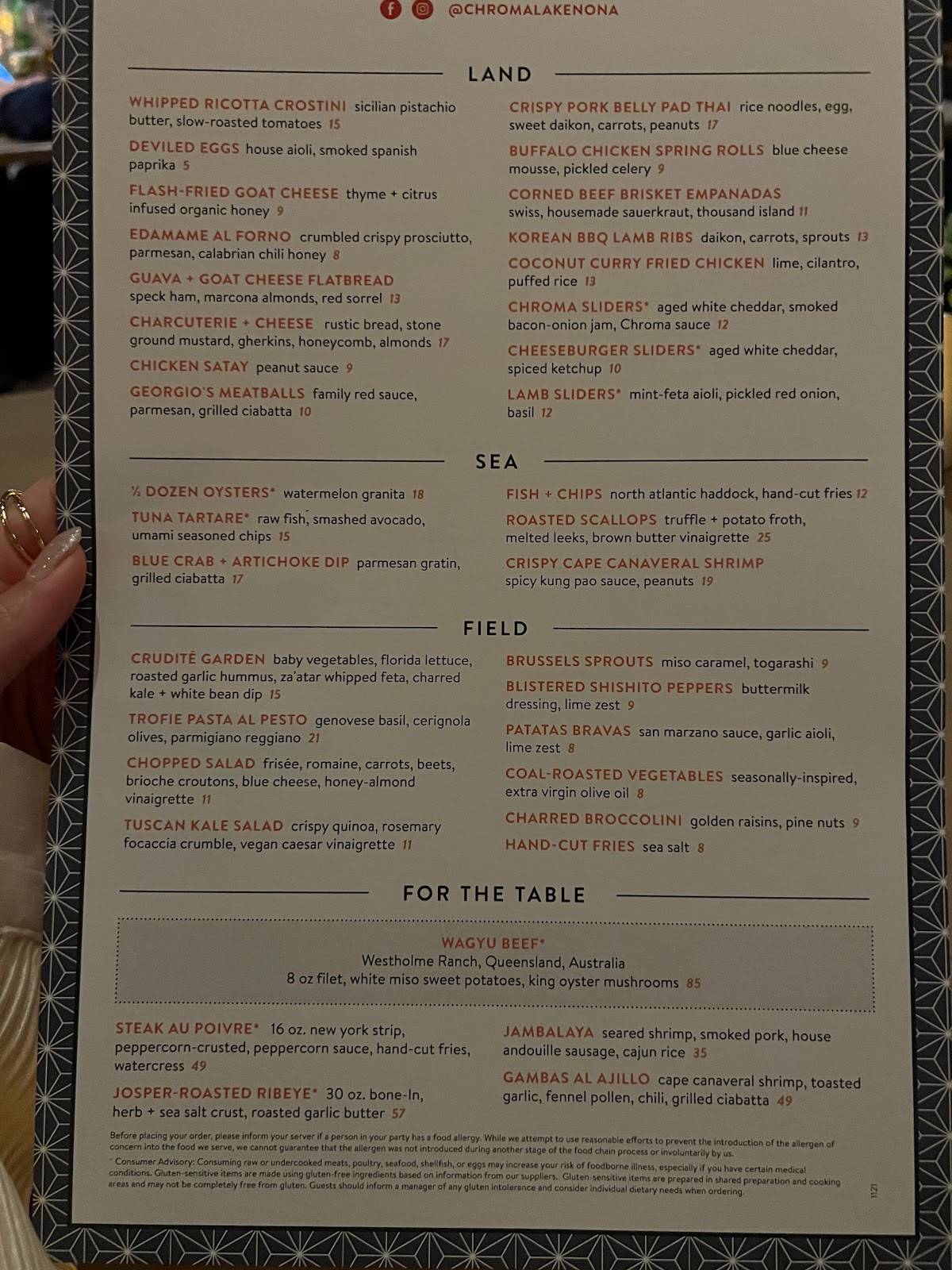Menu at Chroma Modern Bar + Kitchen, Orlando, Lake Nona Blvd