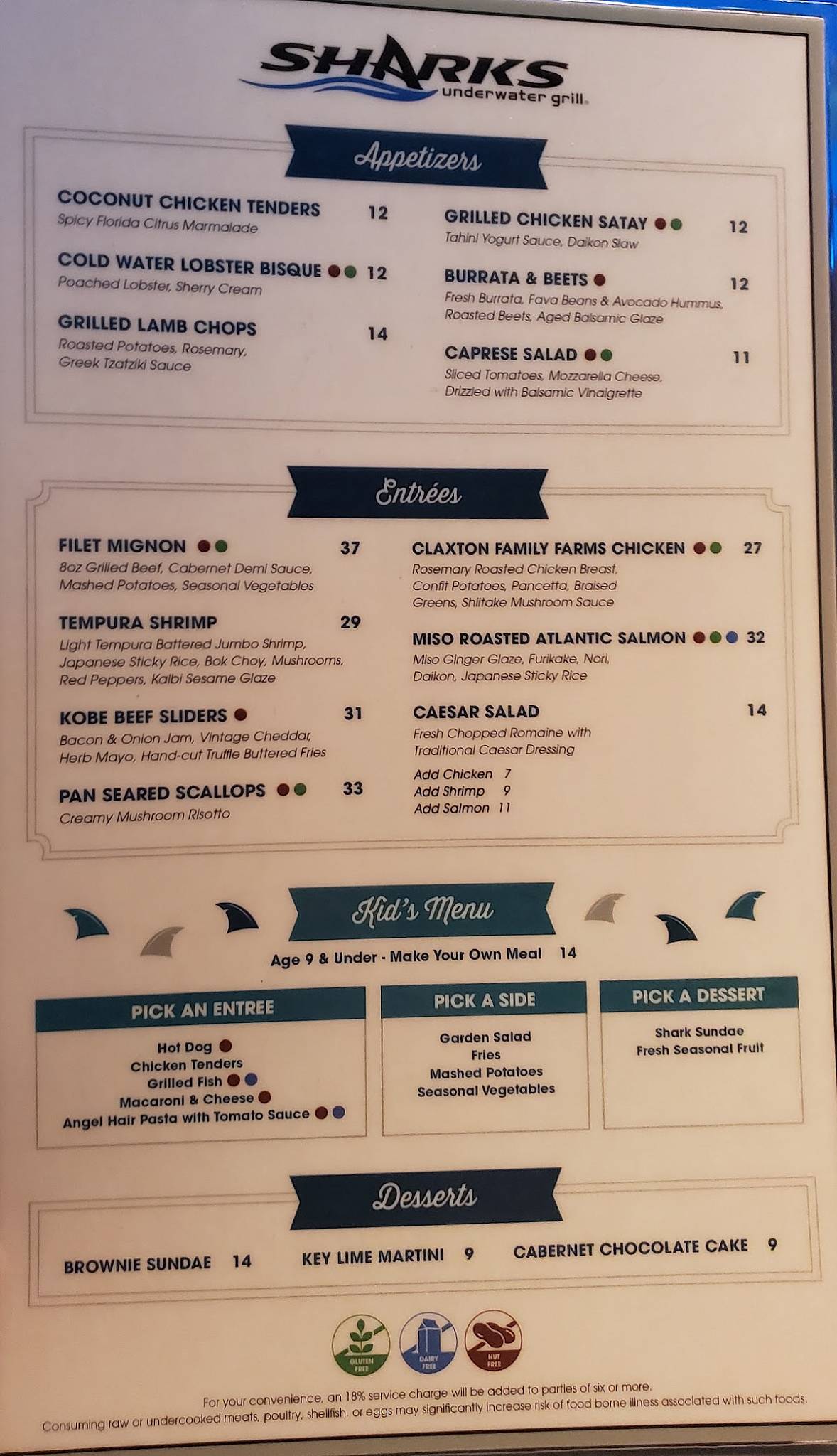 Menu at Sharks Underwater Grill pub & bar, Orlando