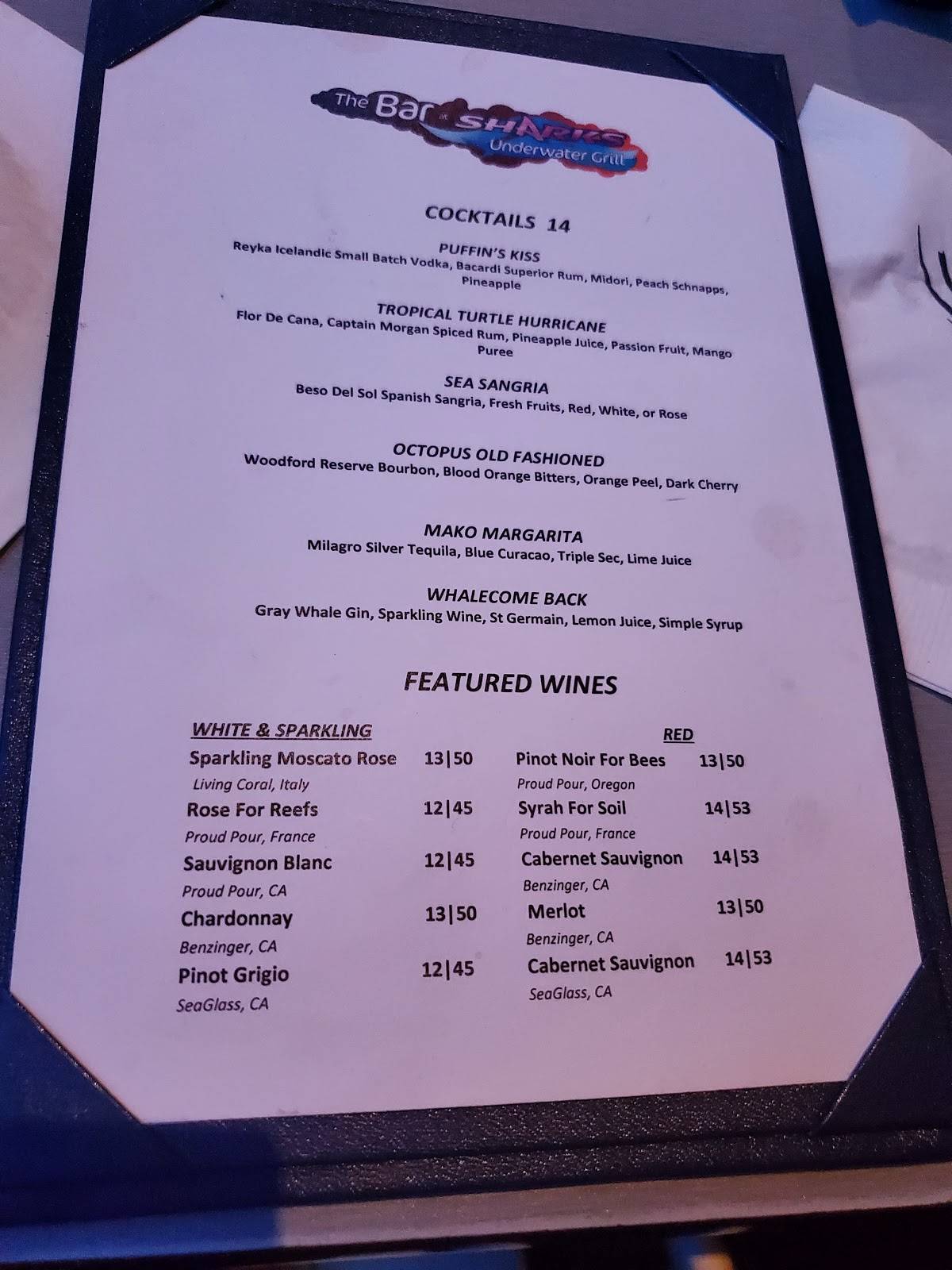 Menu at Sharks Underwater Grill pub & bar, Orlando