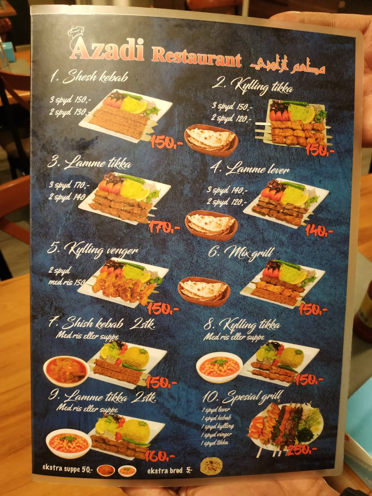 Menu at Azadi Restaurant, Oslo