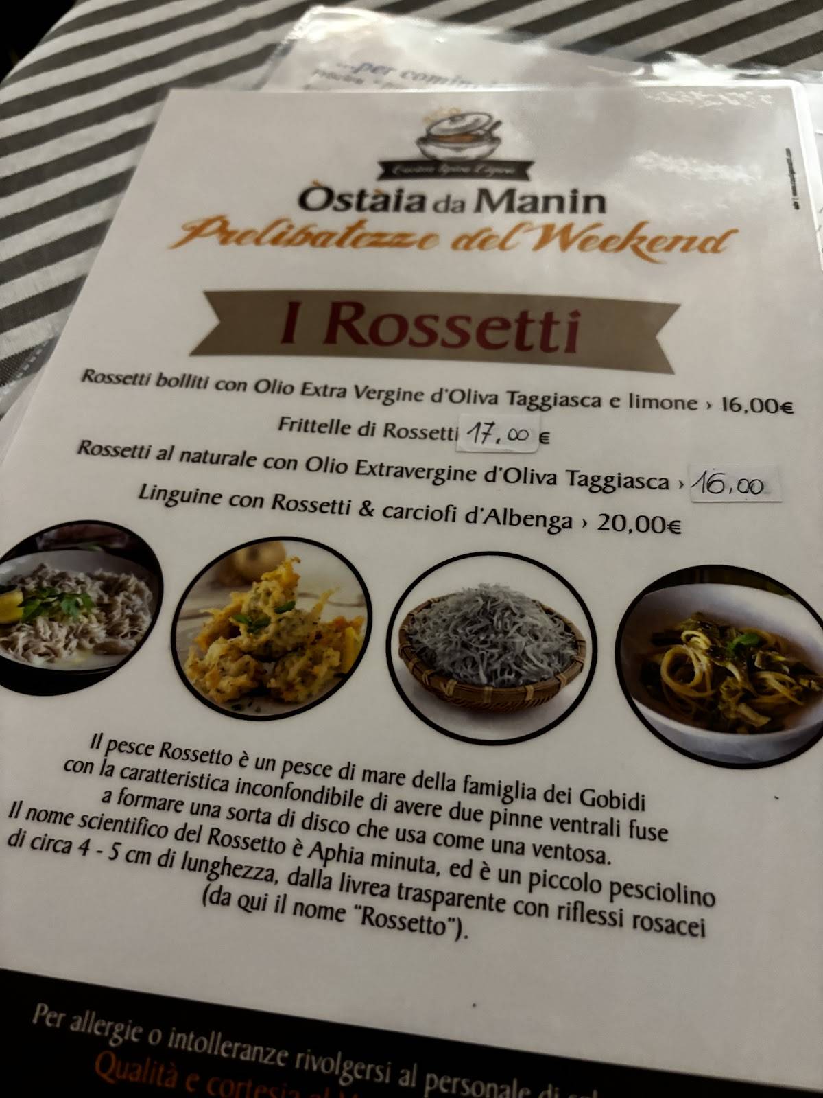 Menu da Ostaia Da Manin ristorante, Loano