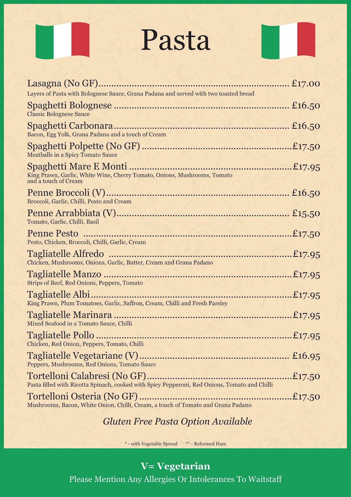 Menu at Osteria Italian Restaurant, Hull