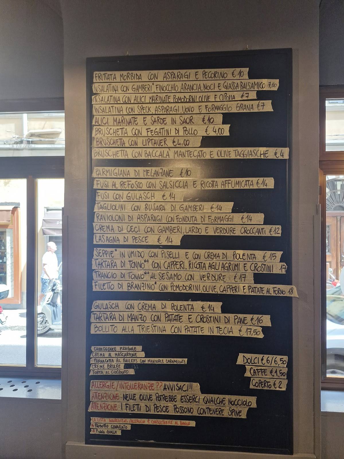Menu at Osteria Marise restaurant, Trieste