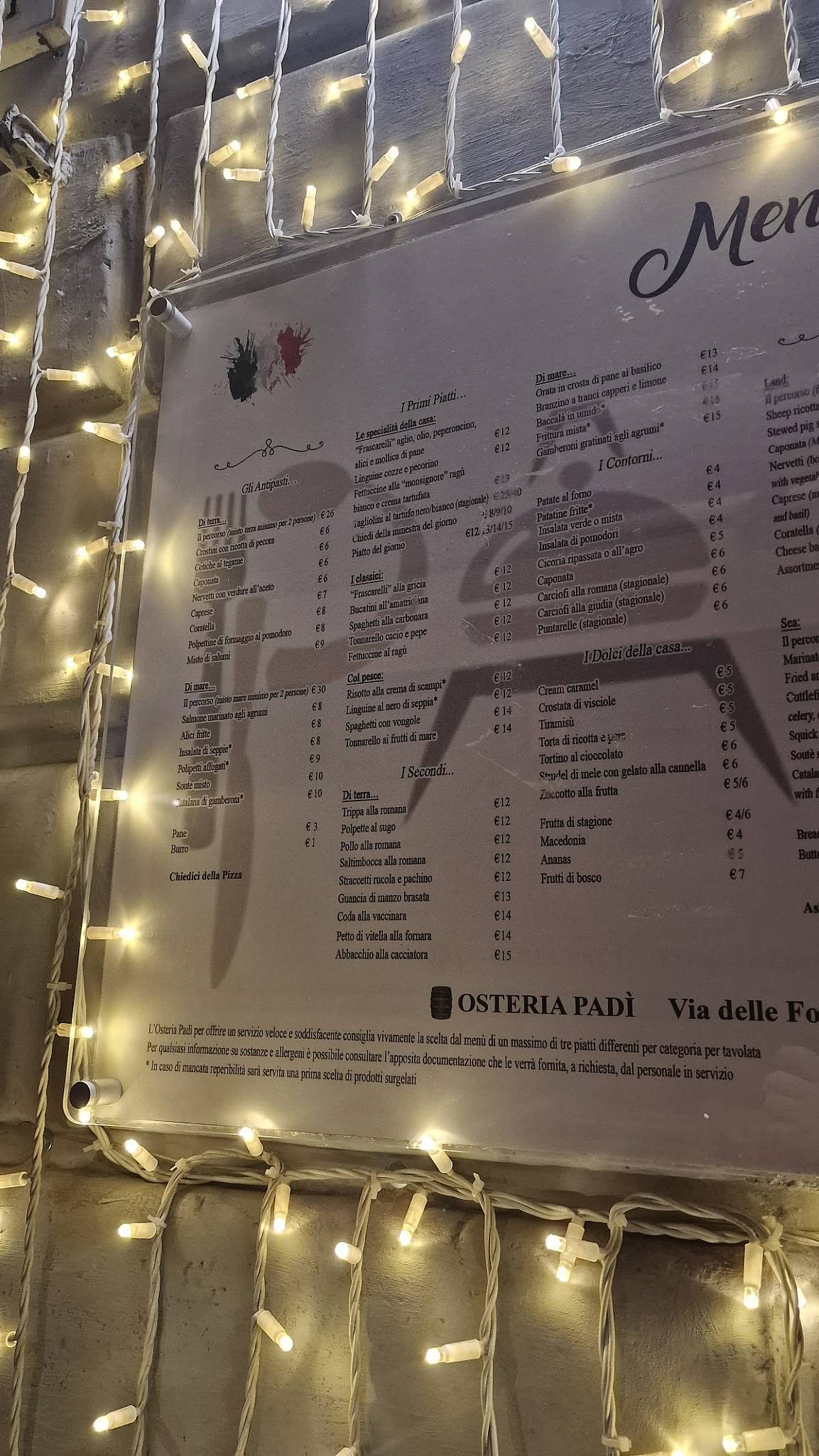 Menu at Osteria Padì Vaticano restaurant, Rome