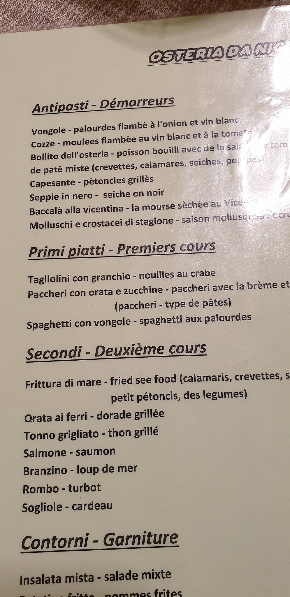 Menu at Osteria da Nicola restaurant, Chioggia