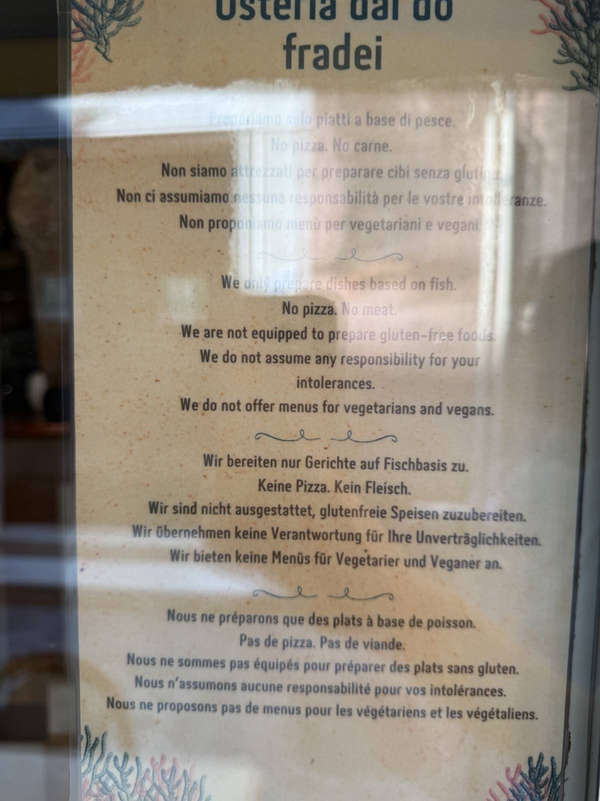 Menu at Osteria del Teatro dai do’ Fradei restaurant, Chioggia