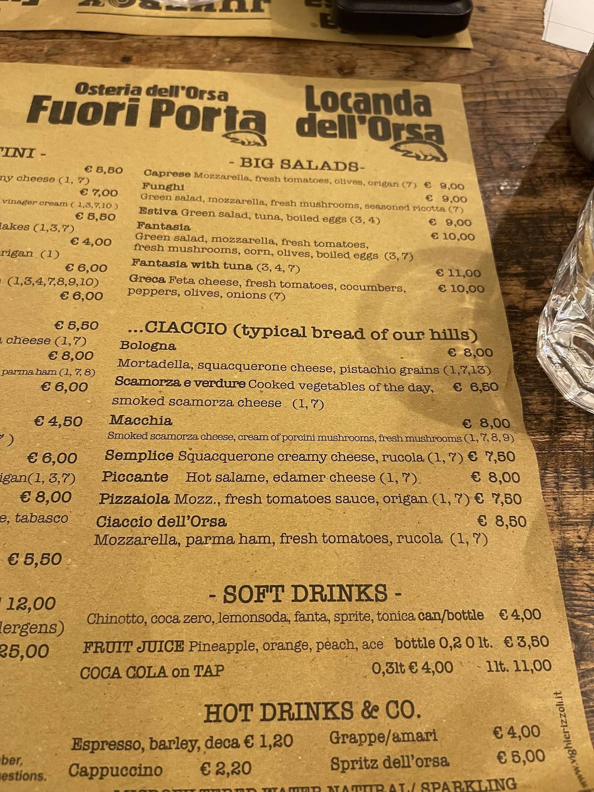 Menu at Osteria dell'Orsa restaurant, Bologna