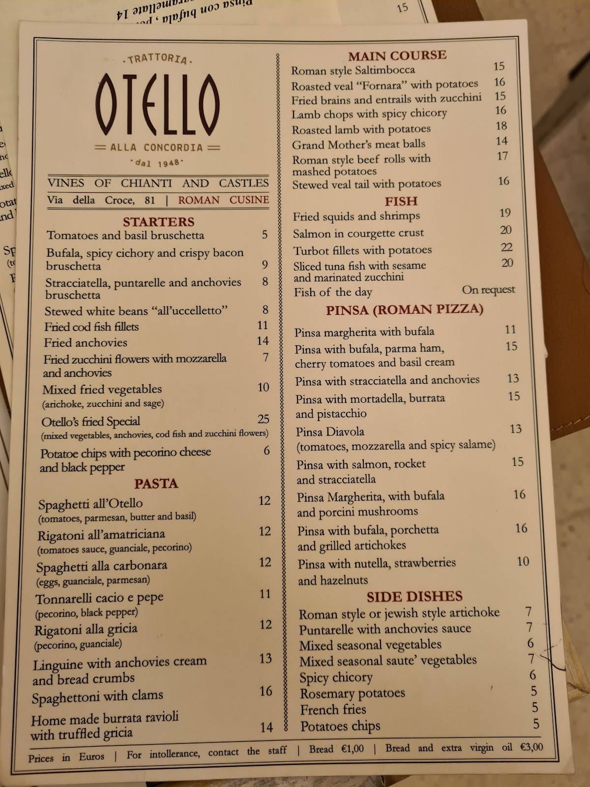 Menu au Otello alla Concordia restaurant, Rome