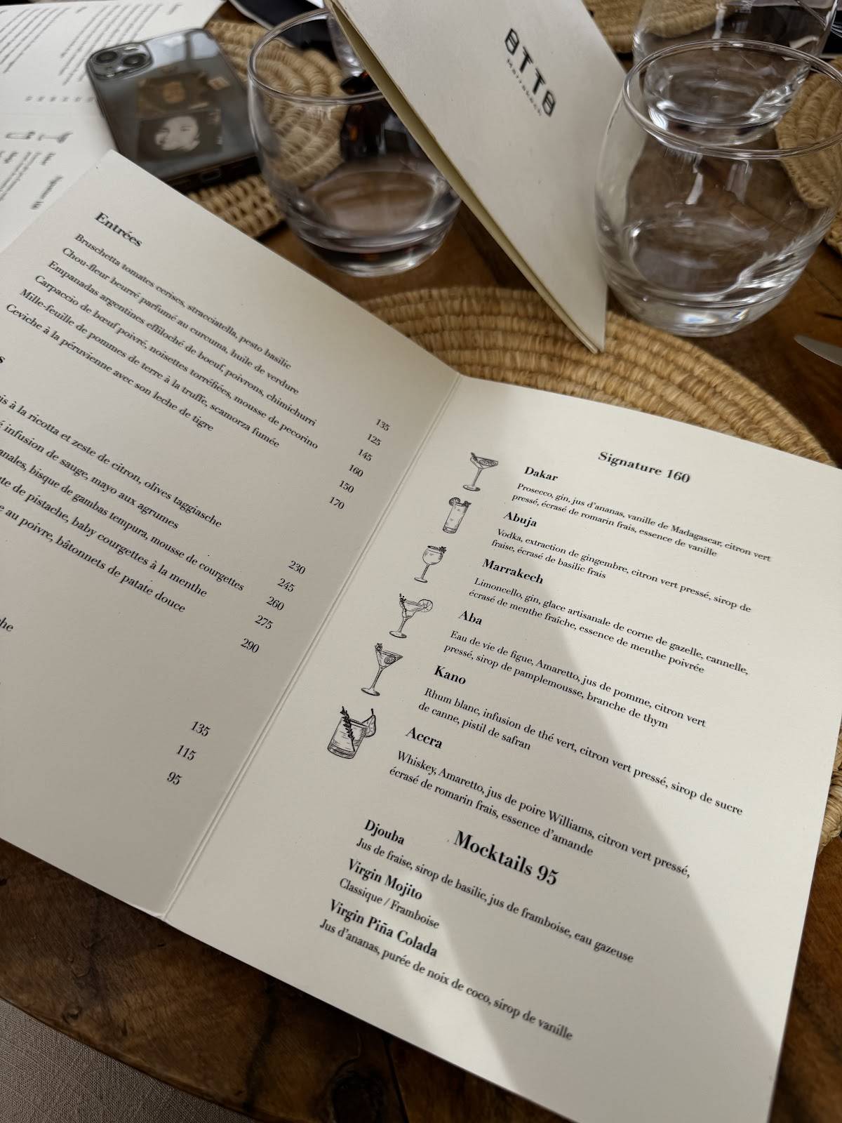 Menu at Otto restaurant, Marrakesh