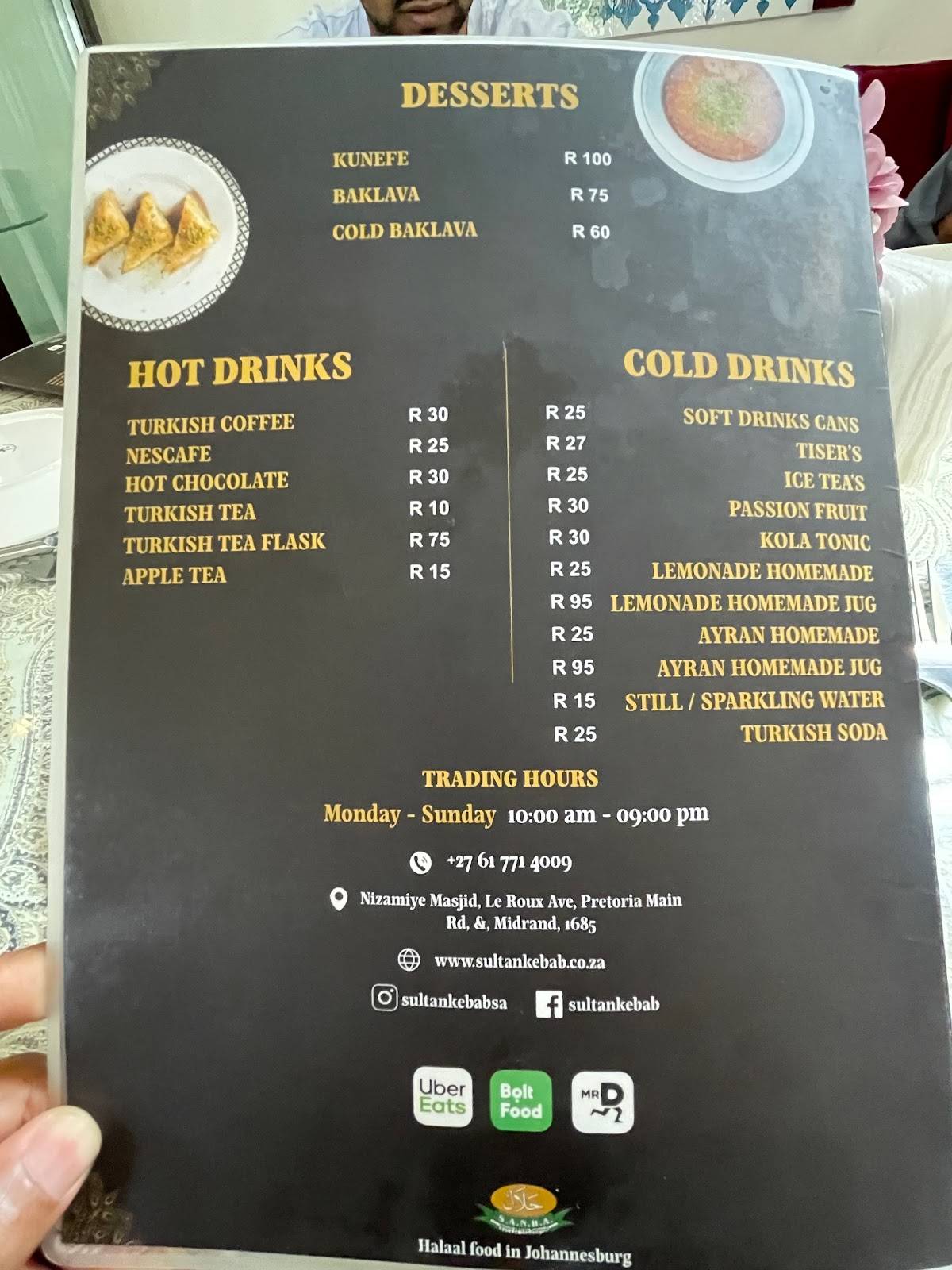 Menu at Ottoman Palace Turkish Restaurant, Midrand