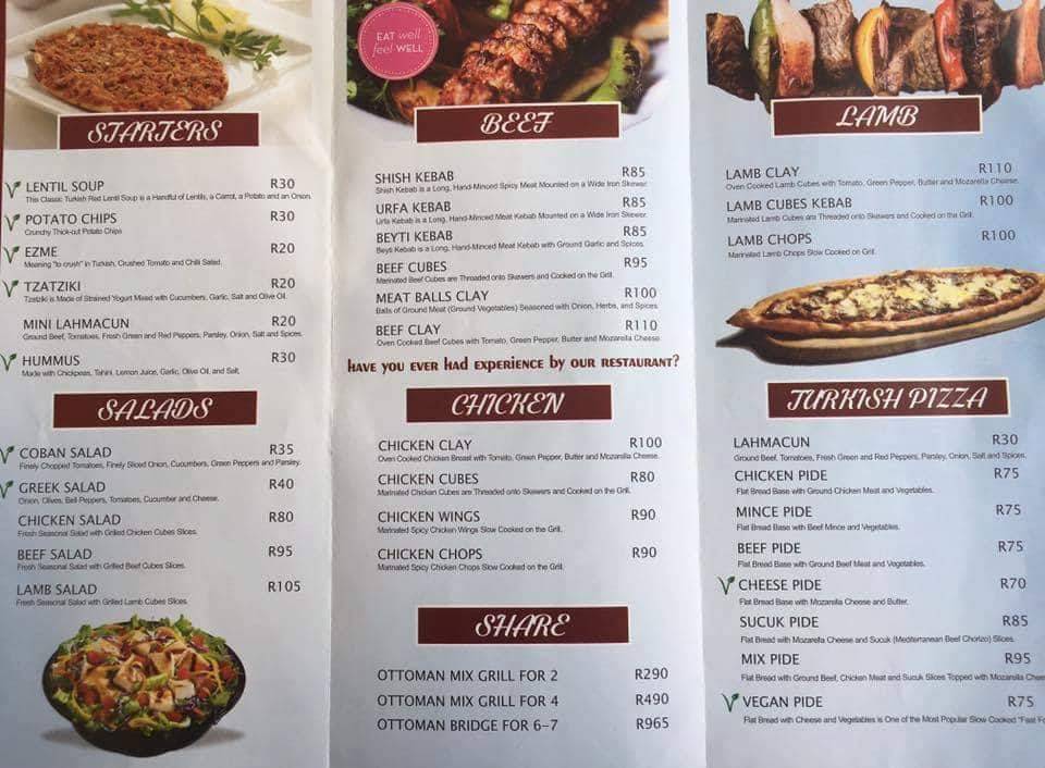 Menu at Ottoman Palace Turkish Restaurant, Midrand