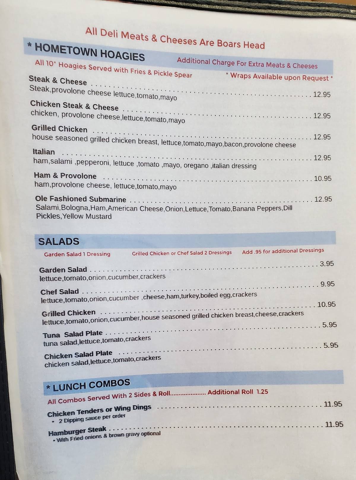 Menu at Our Hometown Diner restaurant, Front Royal