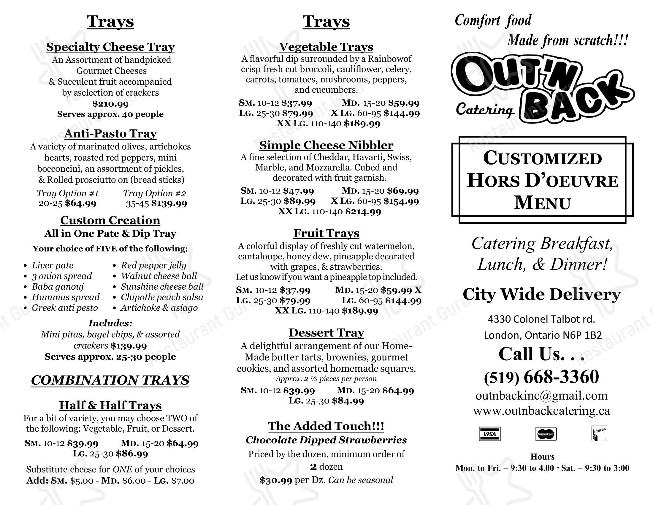 Menu at Out 'N Back Catering & Frozen Entrees restaurant, London