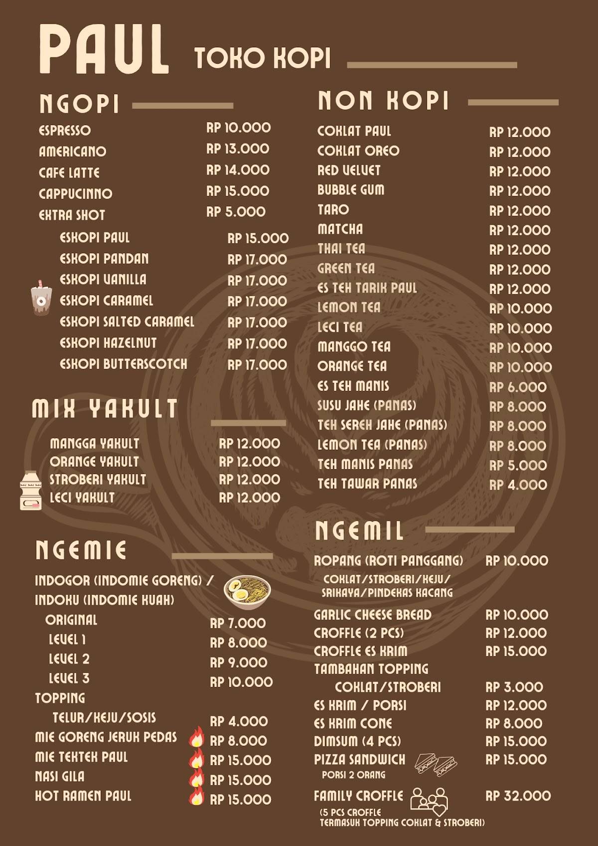 Menu at Toko Kopi Paul, Indonesia