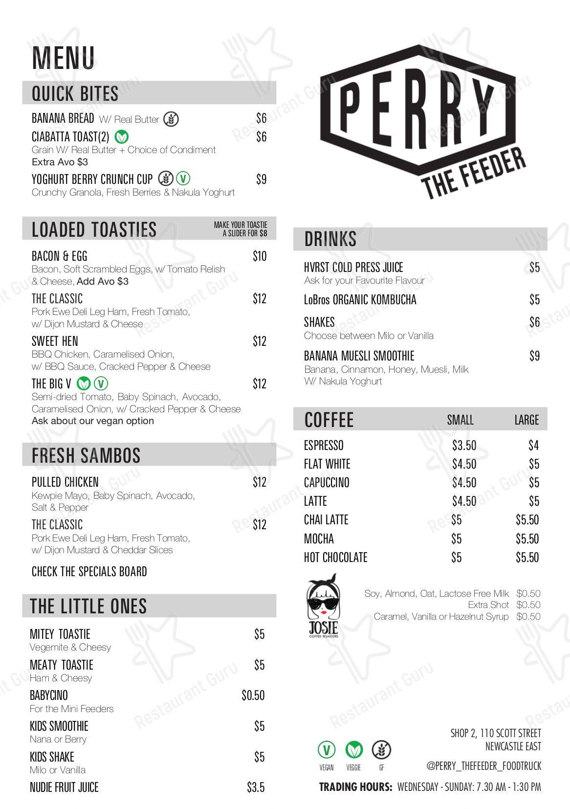 Menu at PERRY THE FEEDER cafe, Mayfield East, 53 Maitland Rd