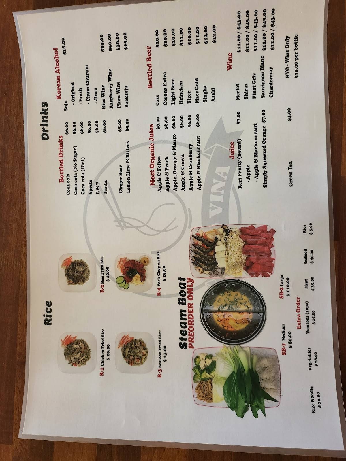 Menu at PHO VINA restaurant, Tauranga