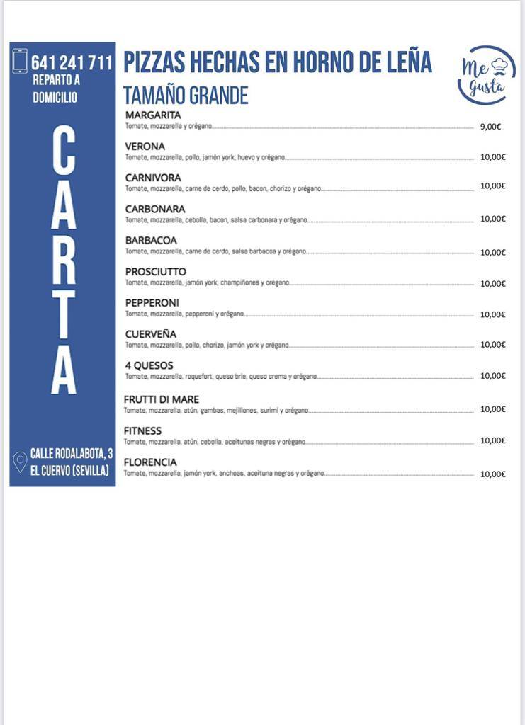 Carta de PIZZERIA ME GUSTA, El Cuervo de Sevilla