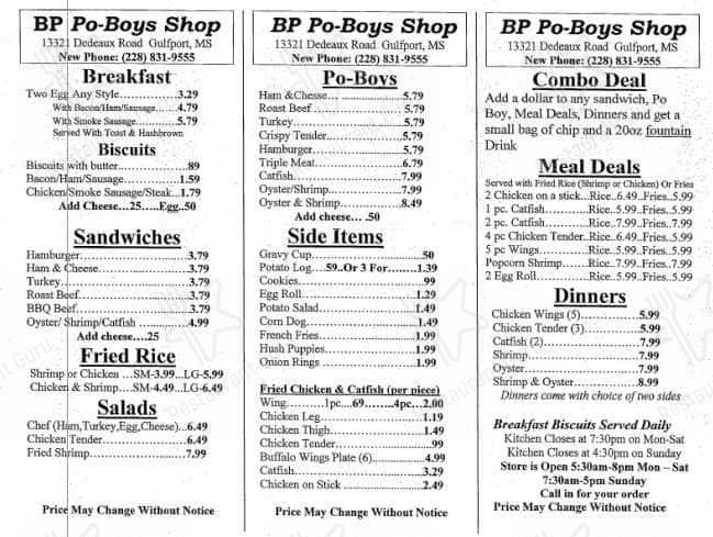 Menu at PO-Boy Shop restaurant, Gulfport
