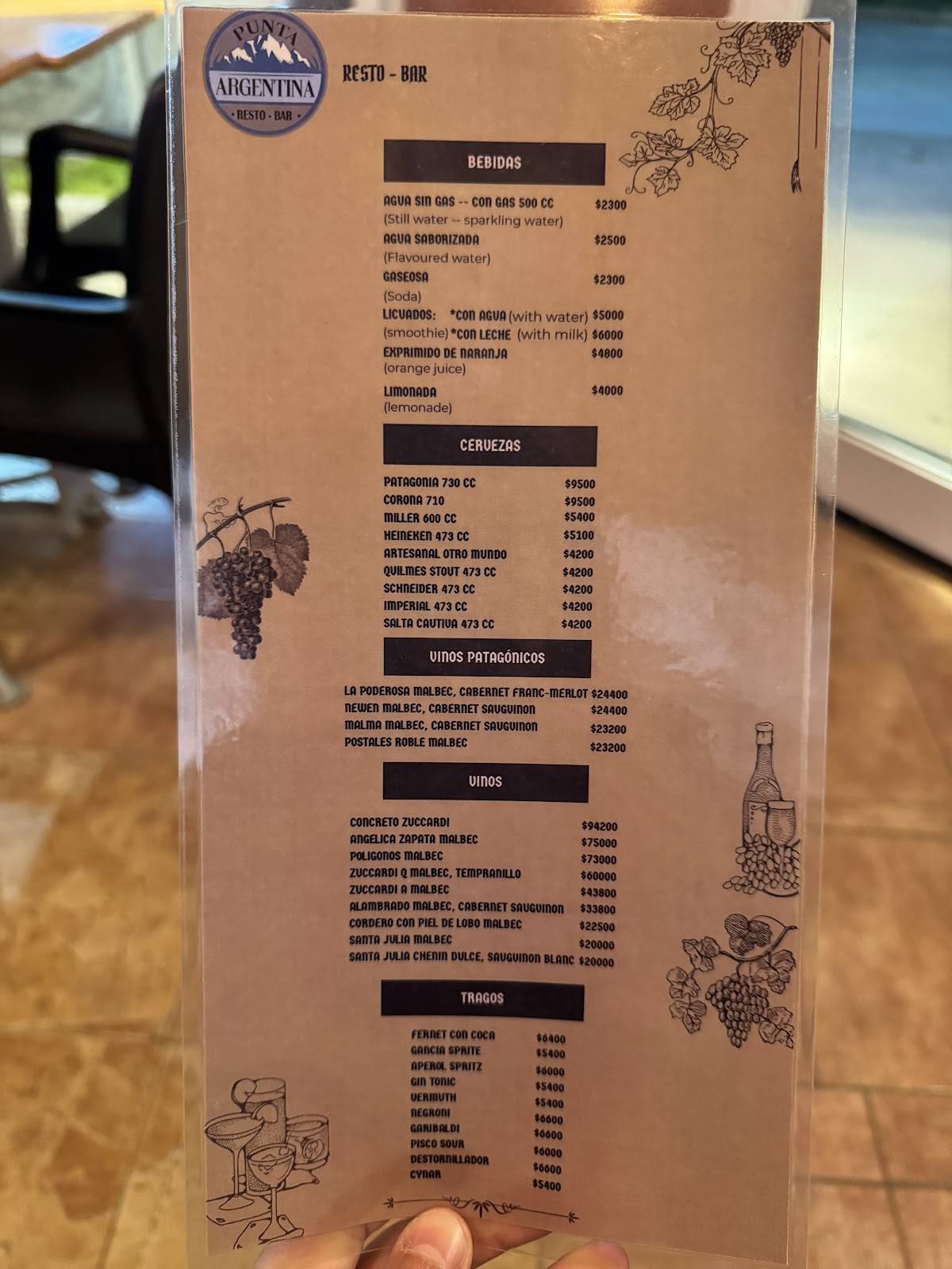 Carta del restaurante PUNTA ARGENTINA, El Calafate