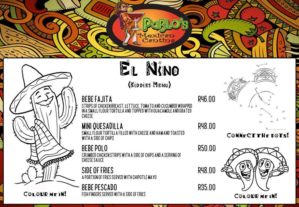 Menu at Pablo's Mexican Cantina restaurant, Benoni