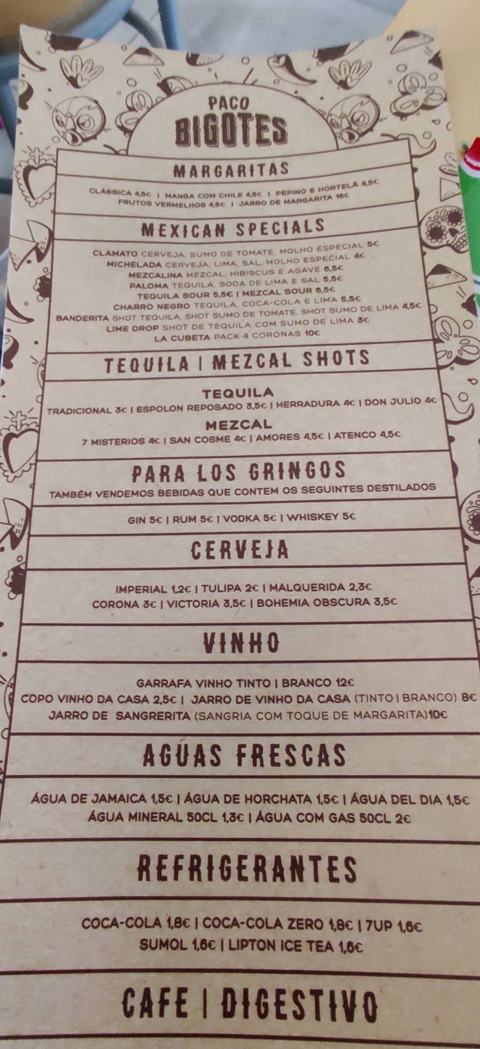Carta del restaurante Paco Bigotes, Estoril