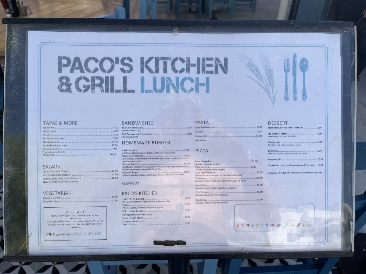 Menu at Paco's Kitchen & Grill restaurant, Alcúdia