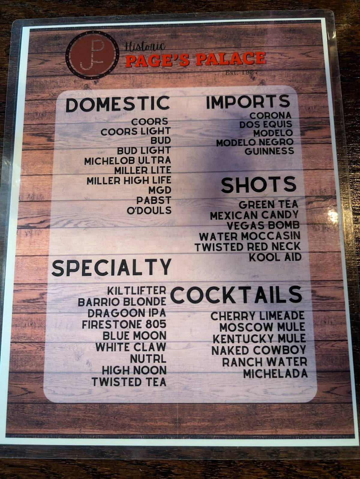 Menu at Pages Palace pub & bar, Benson