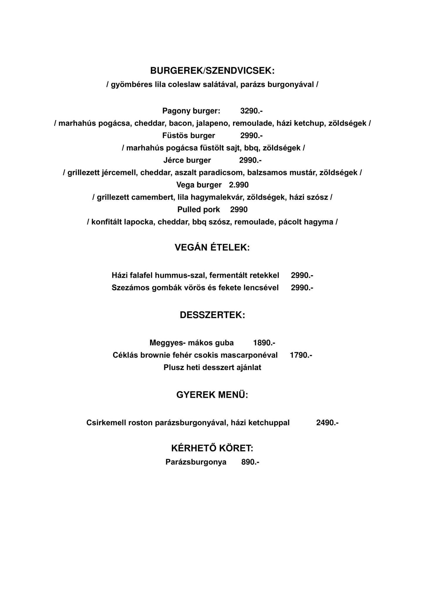 Carta del restaurante Pagony, Budapest