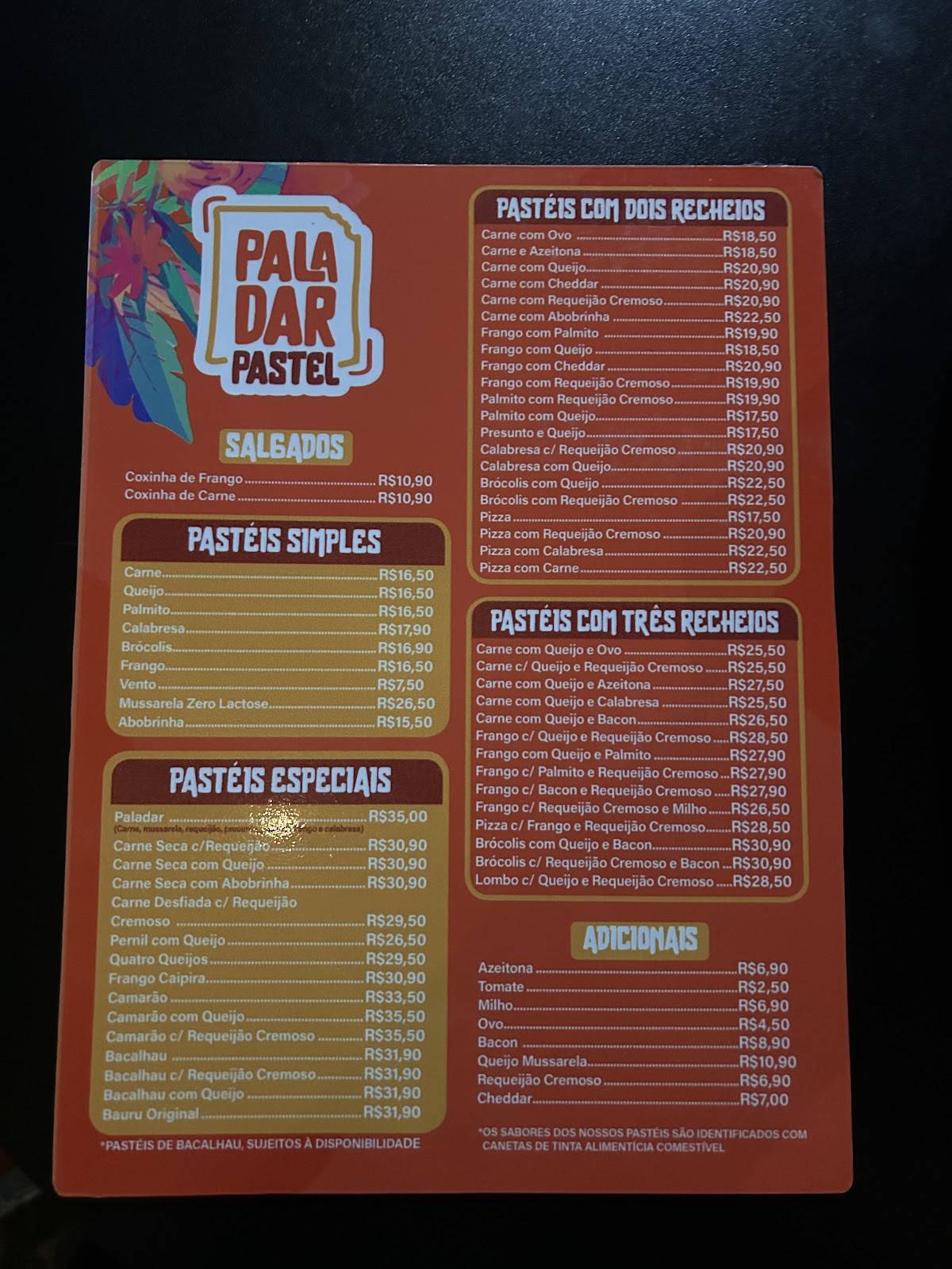 Menu em Paladar Pastel Bauru restaurante, Bauru