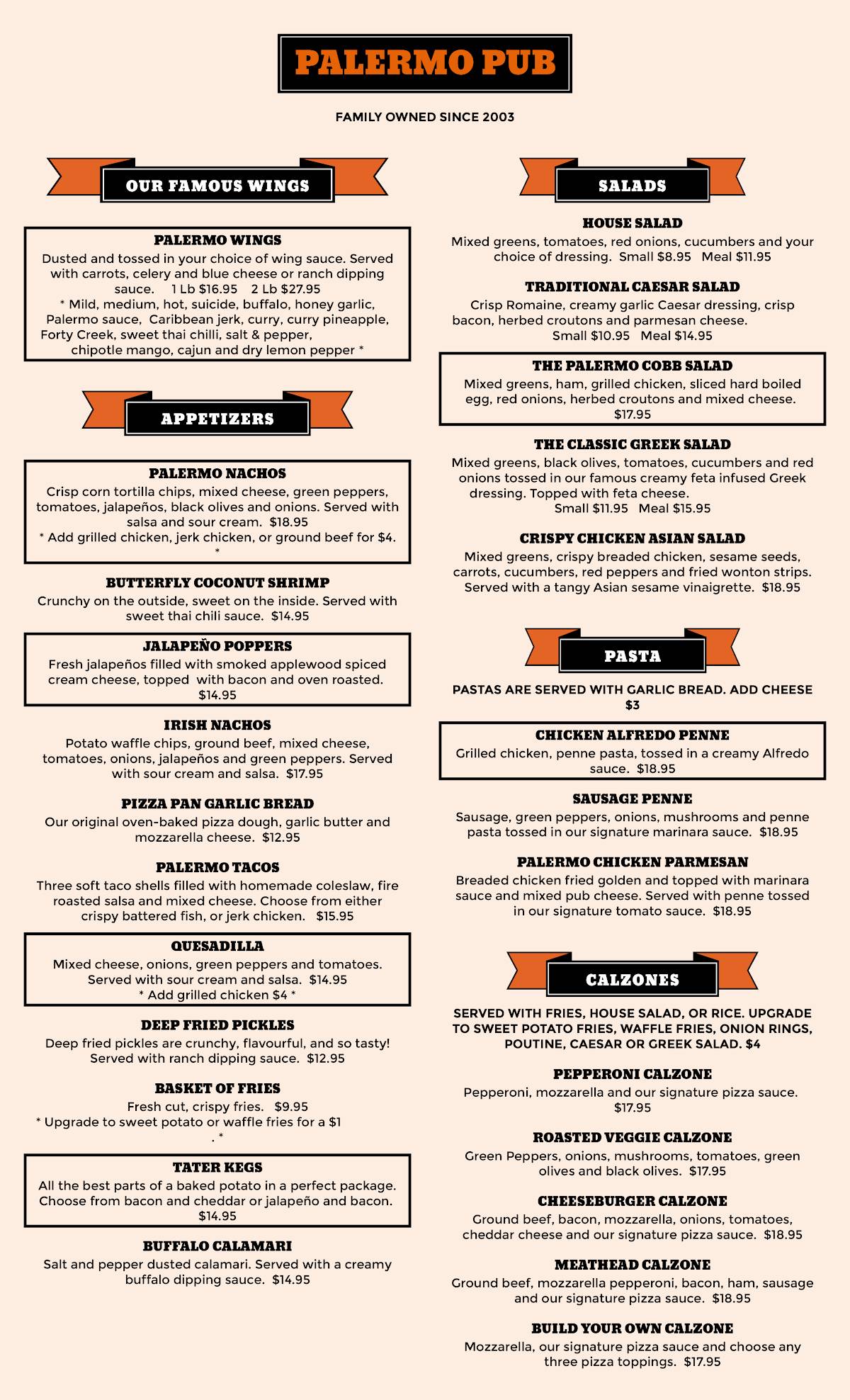 Menu at Palermo Pub, Oakville