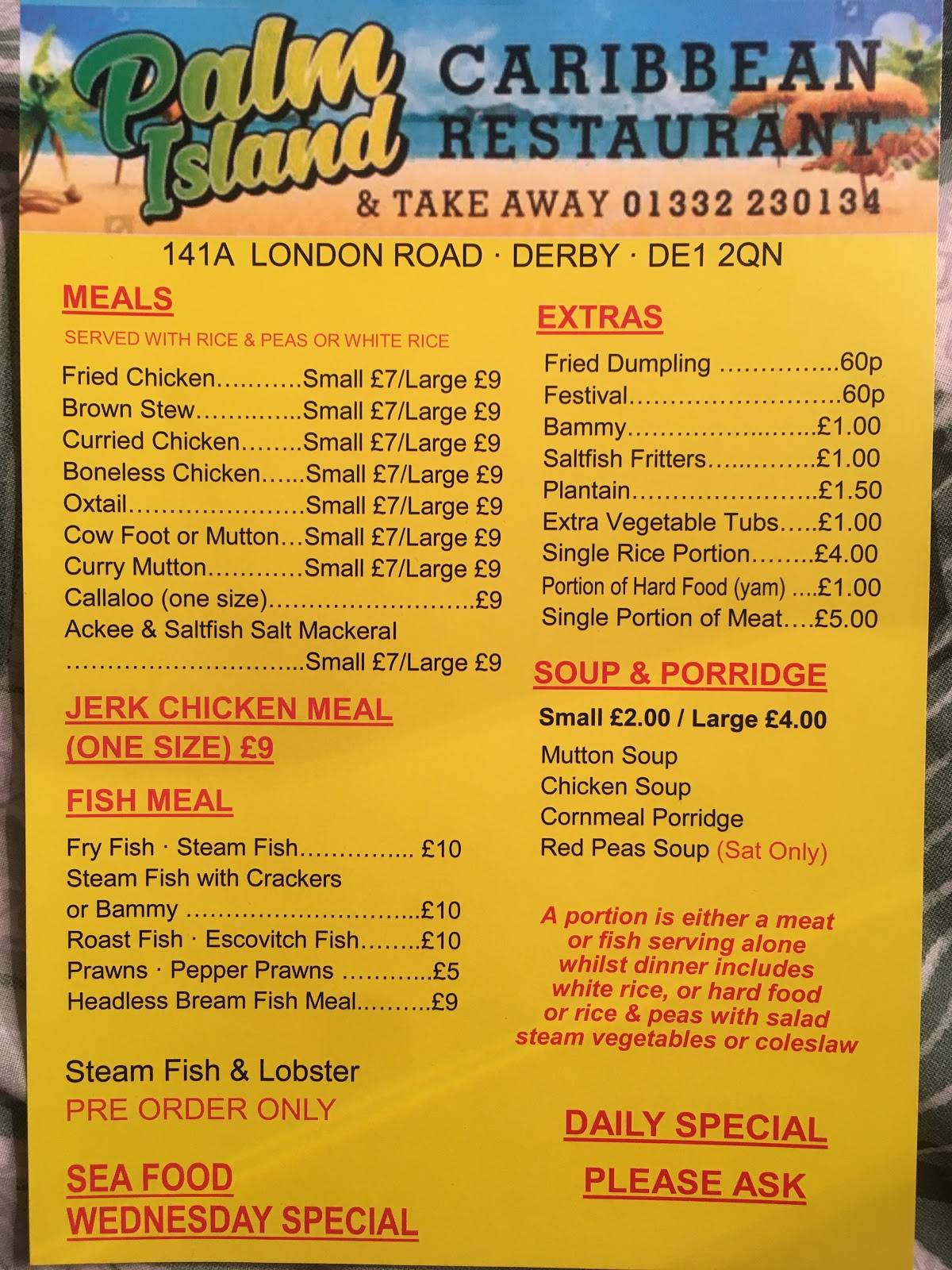 Carta de Palm Island Caribbean Restaurant and Takeaway, Derby