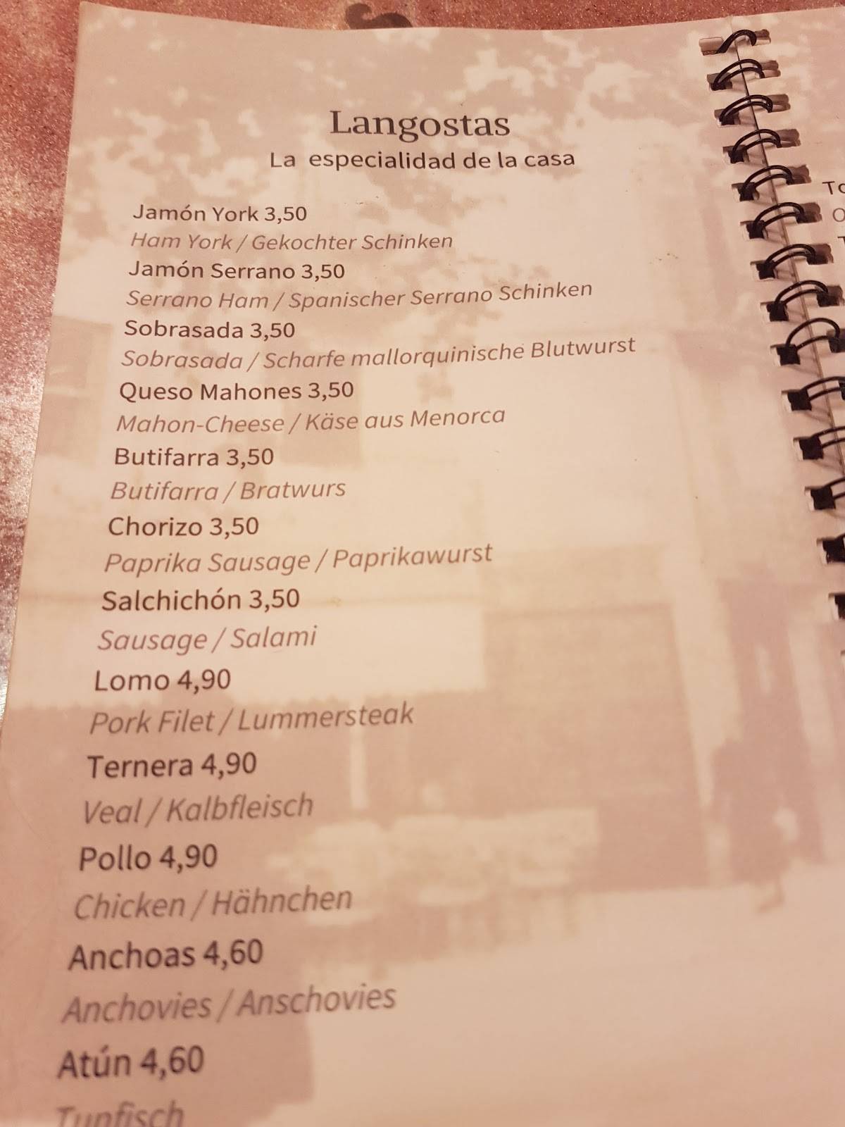 Carta de Bar Bosch, Palma de Mallorca