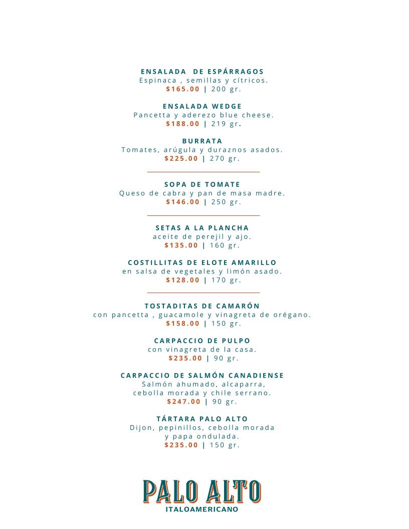 Carta de Palo Alto Restaurante Gdl, Guadalajara