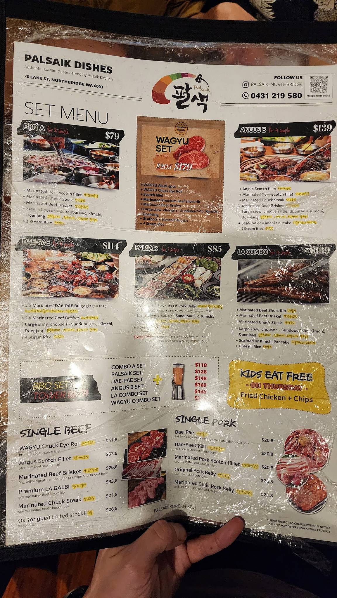 Menu at Palsaik Korean BBQ, Northbridge, 73 Lake St
