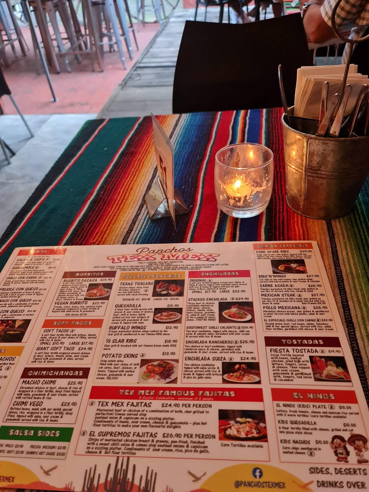 Menu at Hotel Panchos restaurant, Mudgeeraba