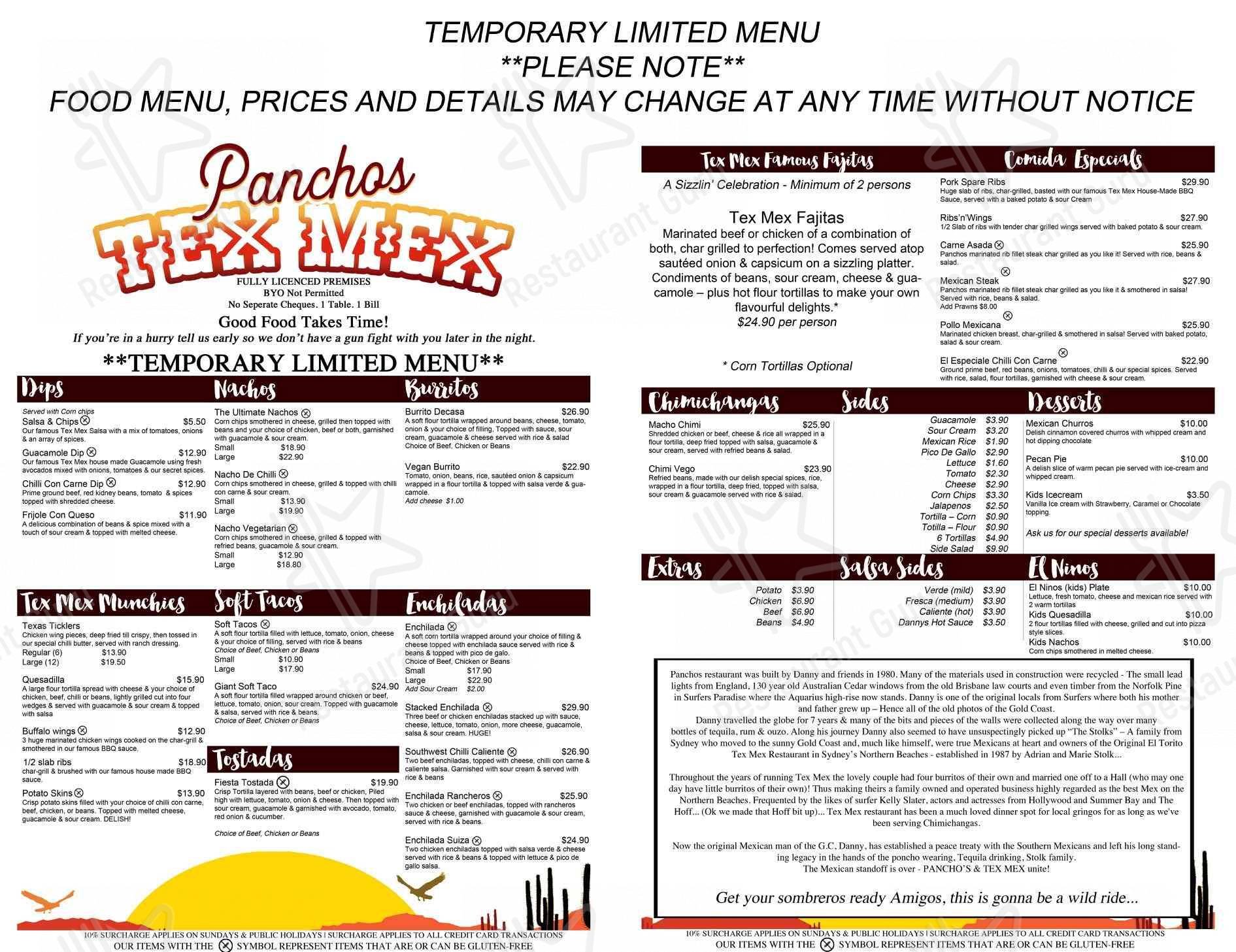 Menu at Hotel Panchos restaurant, Mudgeeraba