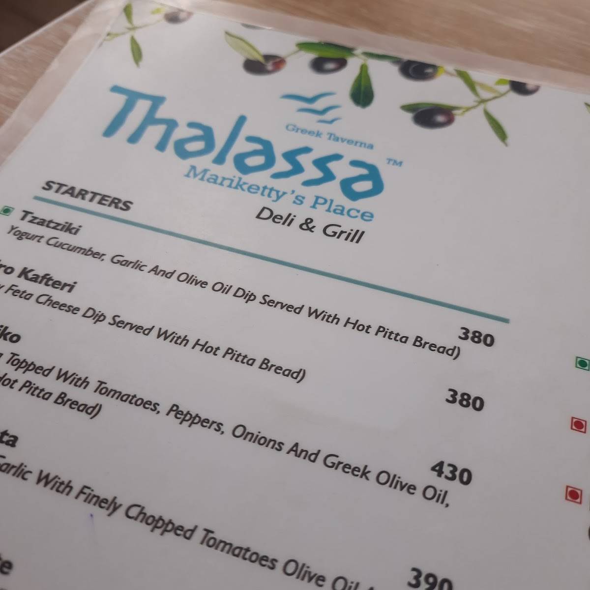 Menu at Thalassa Greek Taverna, Panaji