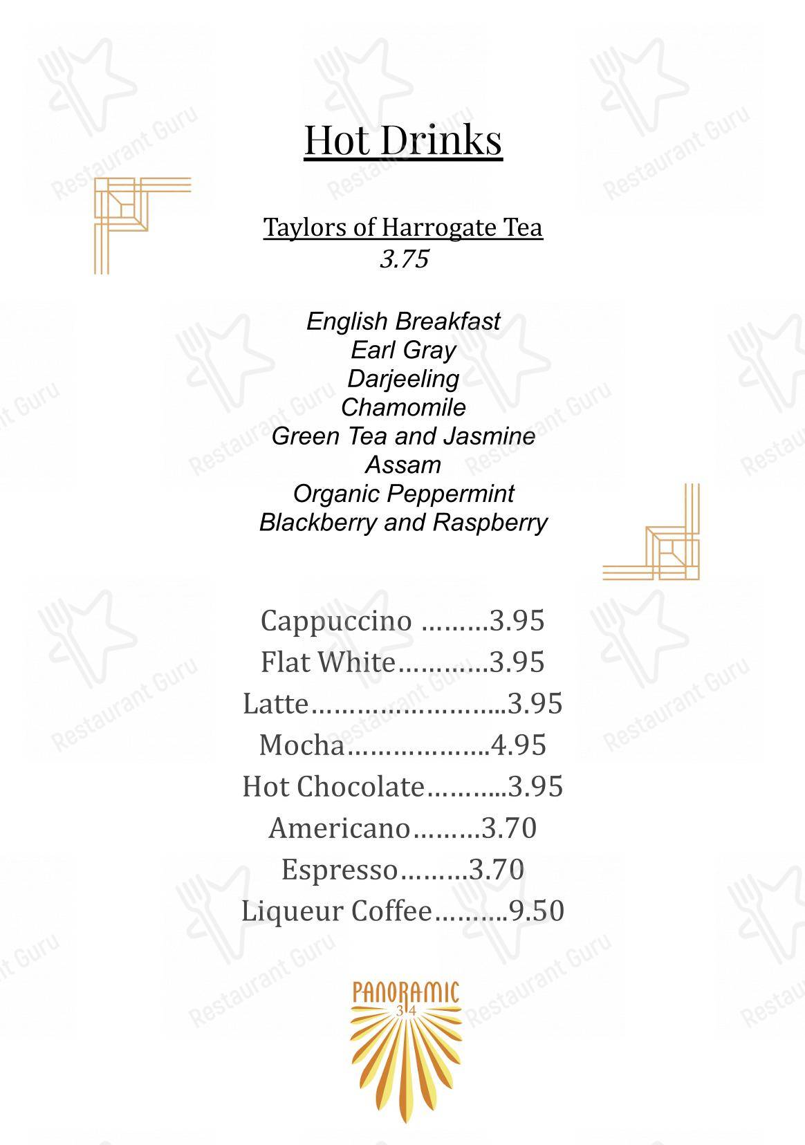 Menu at Panoramic 34 restaurant, Liverpool