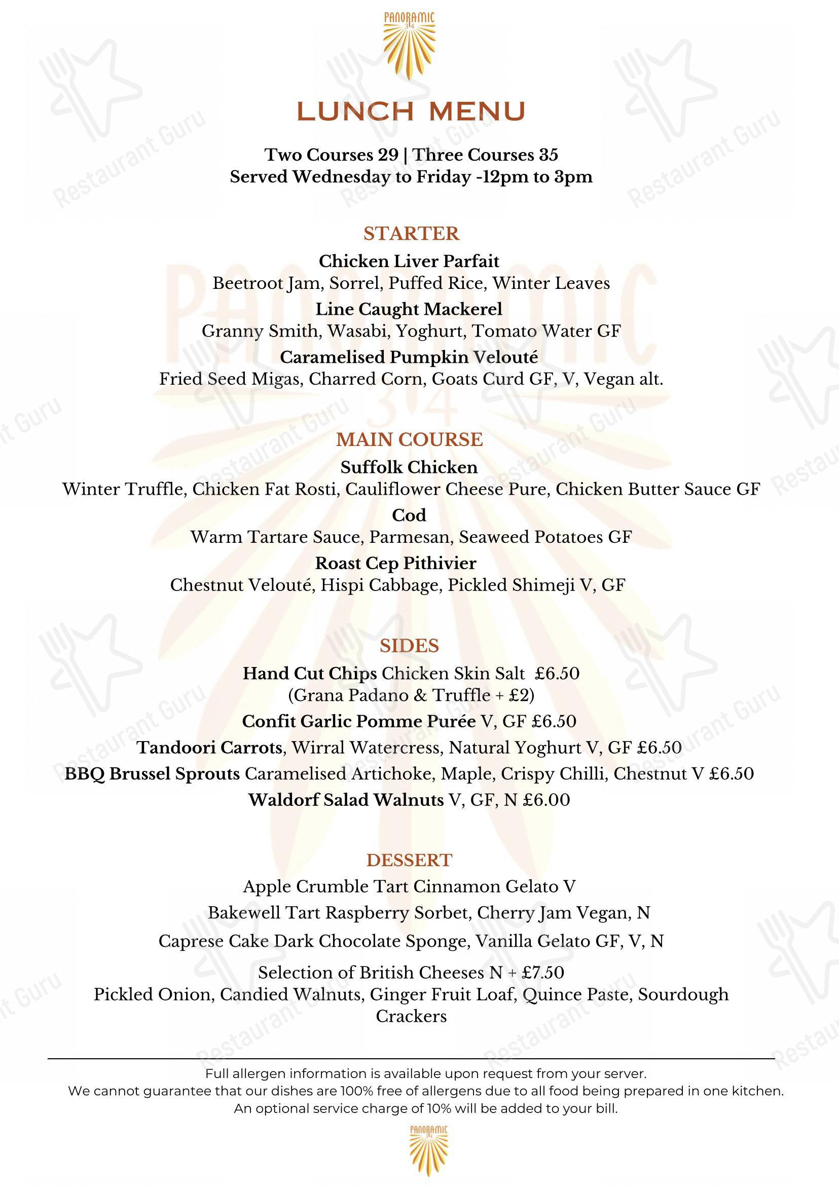 Menu at Panoramic 34 restaurant, Liverpool