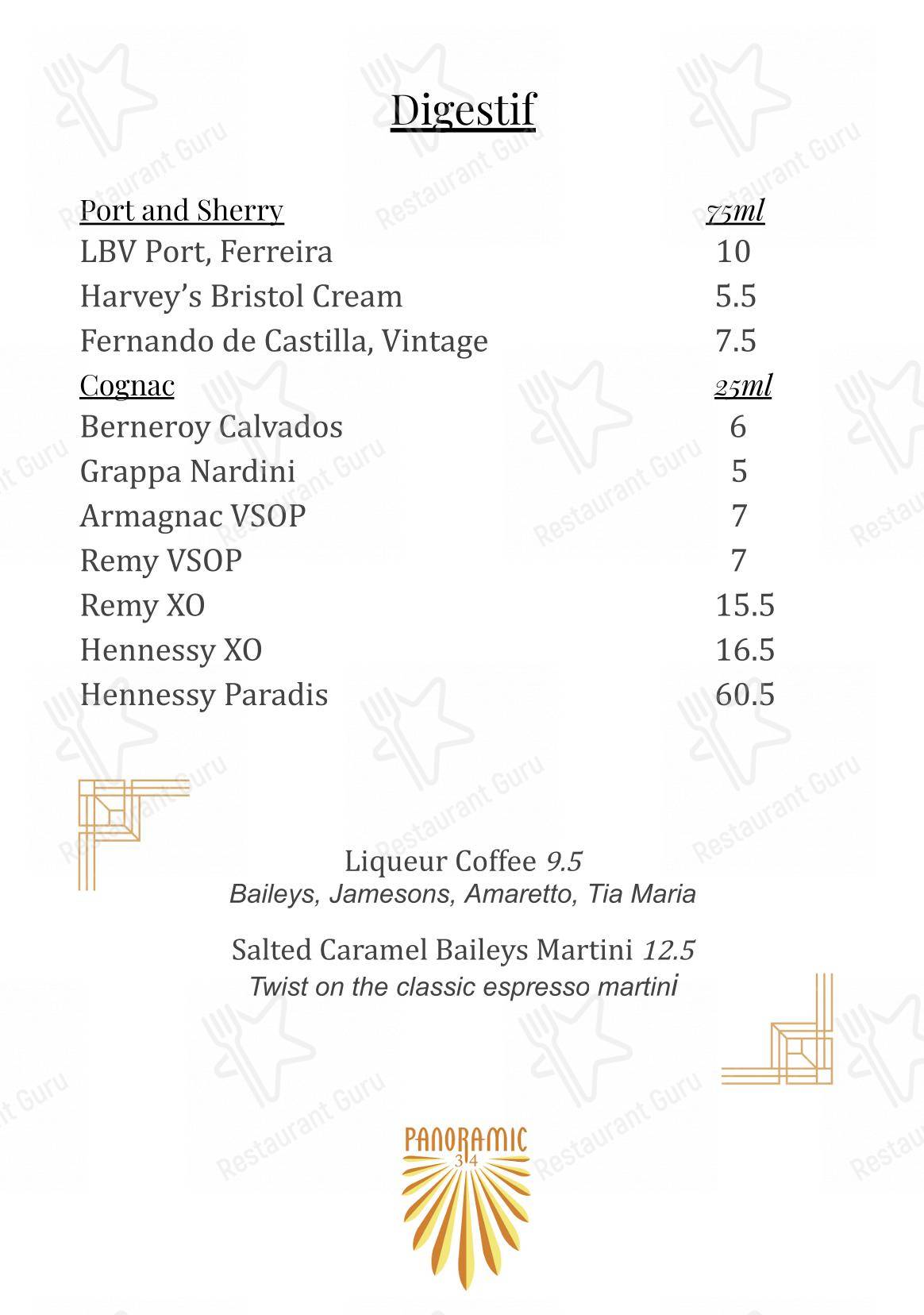Menu at Panoramic 34 restaurant, Liverpool