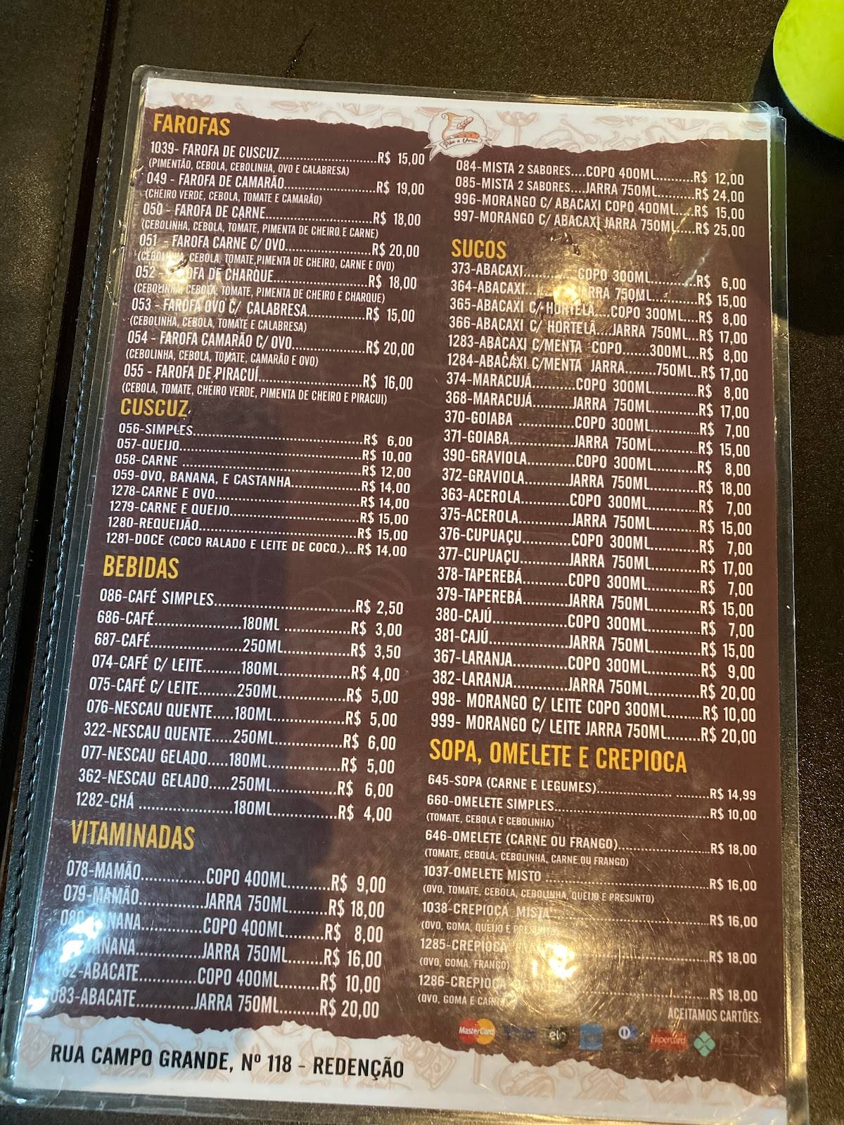 Menu em Pão & Verso, Manaus