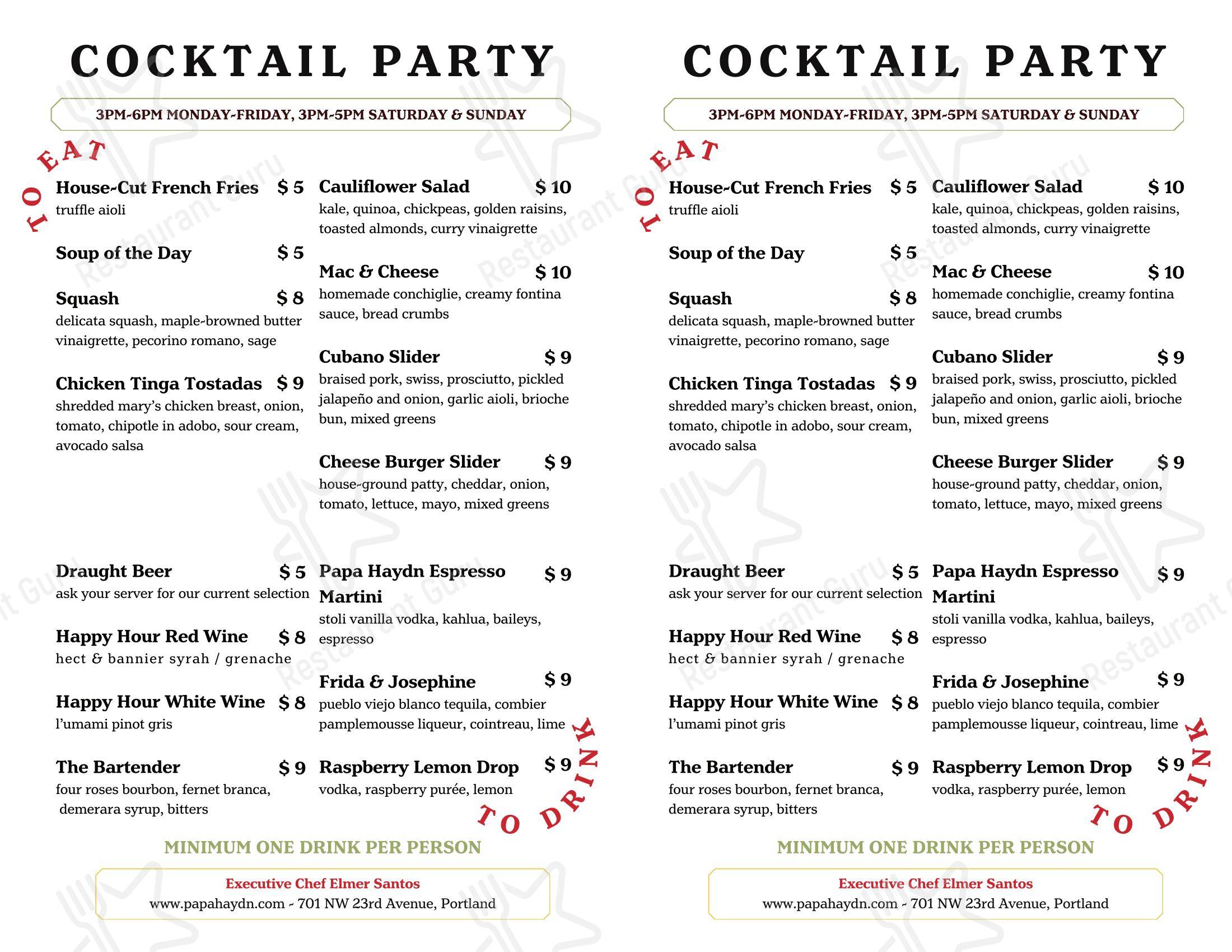 Menu at Papa Haydn pub & bar, Portland, 701 NW 23rd Ave