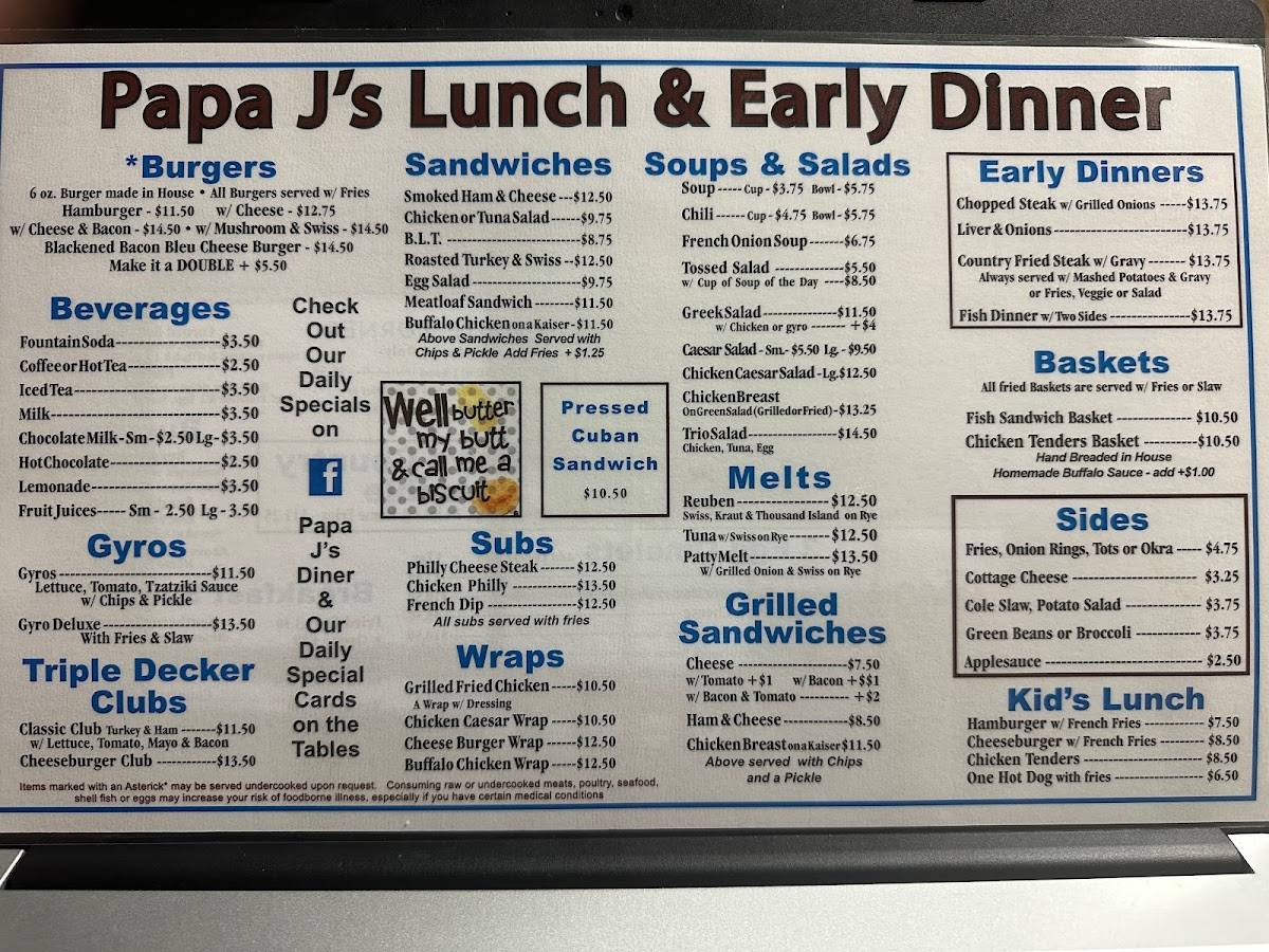 Menu at Papa J's Diner cafe, Inverness, Hwy 44 W
