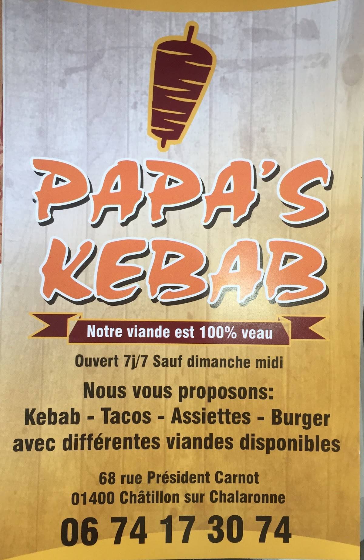Menu au Papa's KEBAB restaurant, Châtillon-sur-Chalaronne