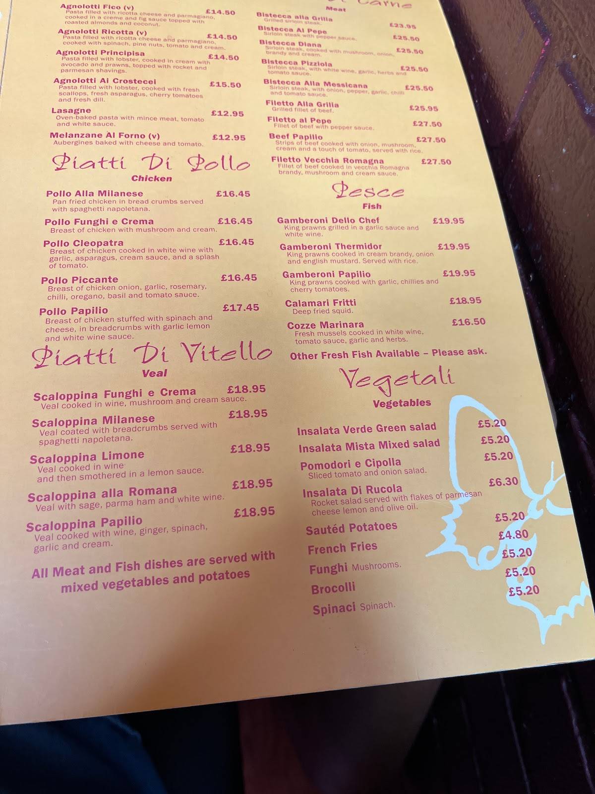 Menu at Papilio restaurant, Edinburgh