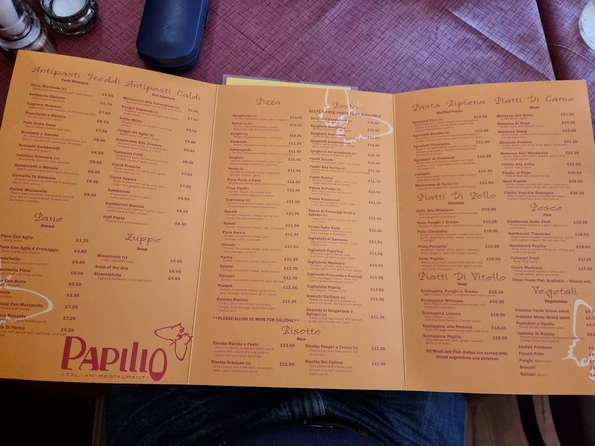 Menu at Papilio restaurant, Edinburgh