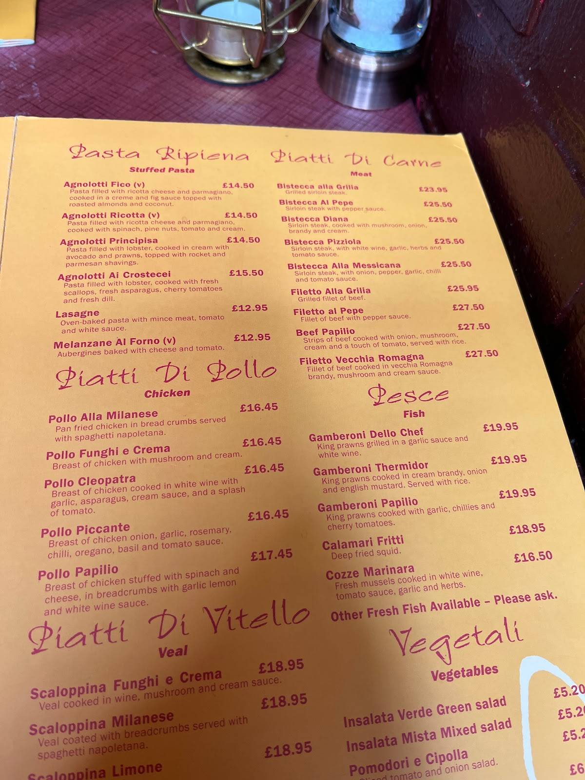 Menu at Papilio restaurant, Edinburgh